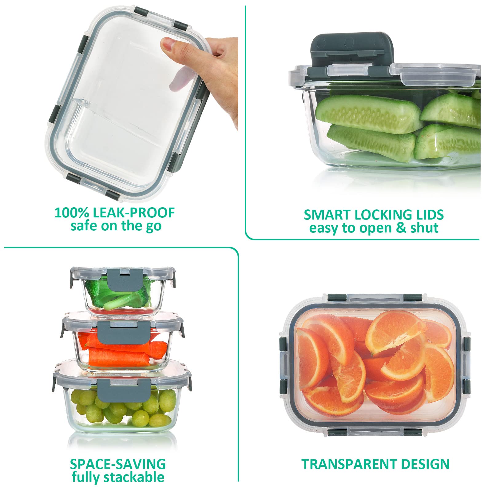 KOMUEE 10 Packs 30 oz Glass Meal Prep Containers 2 Compartment and 24 Pieces Glass Food Storage Containers with Lids, BPA Free and Airtight