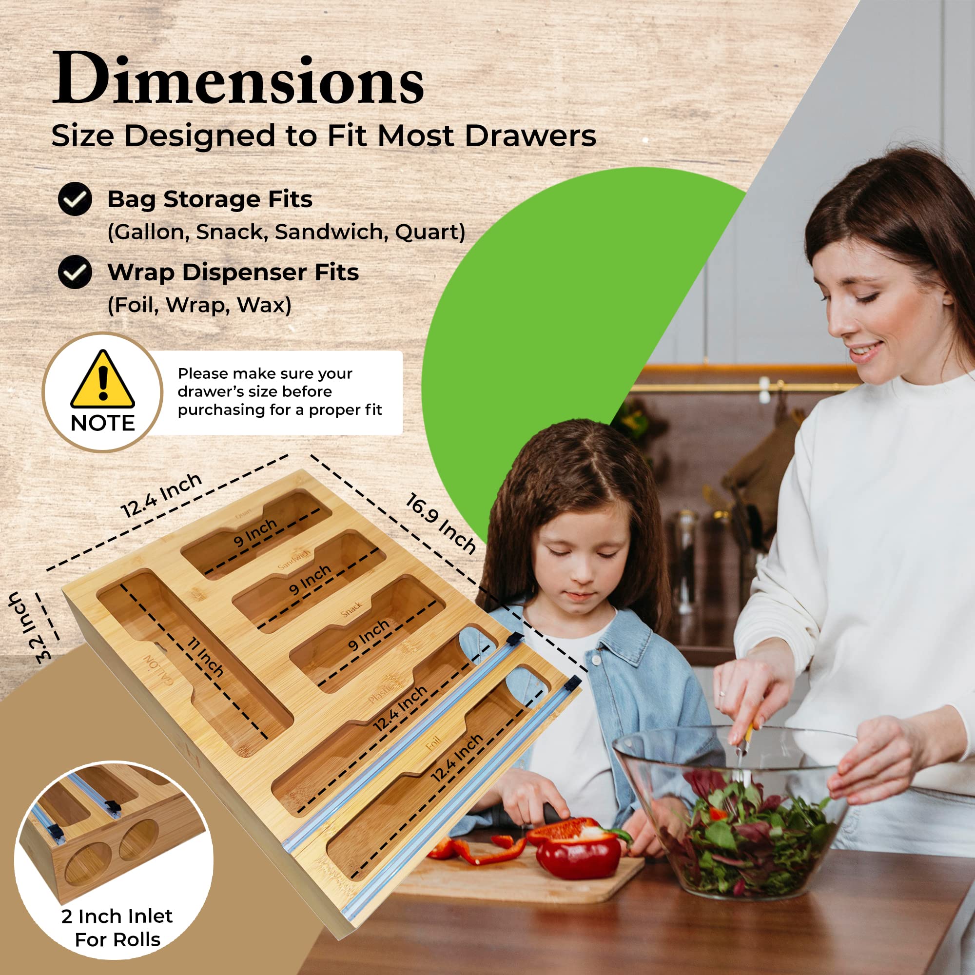 Bamboo 6 in 1 Food Storage Bag Organizer for Kitchen Drawer Baggie Container Dispenser Food Storage Bag Holder for Sandwich - Nuts, Cookies & Snack Variety Size Bags, Compatible with Ziploc,Gallon