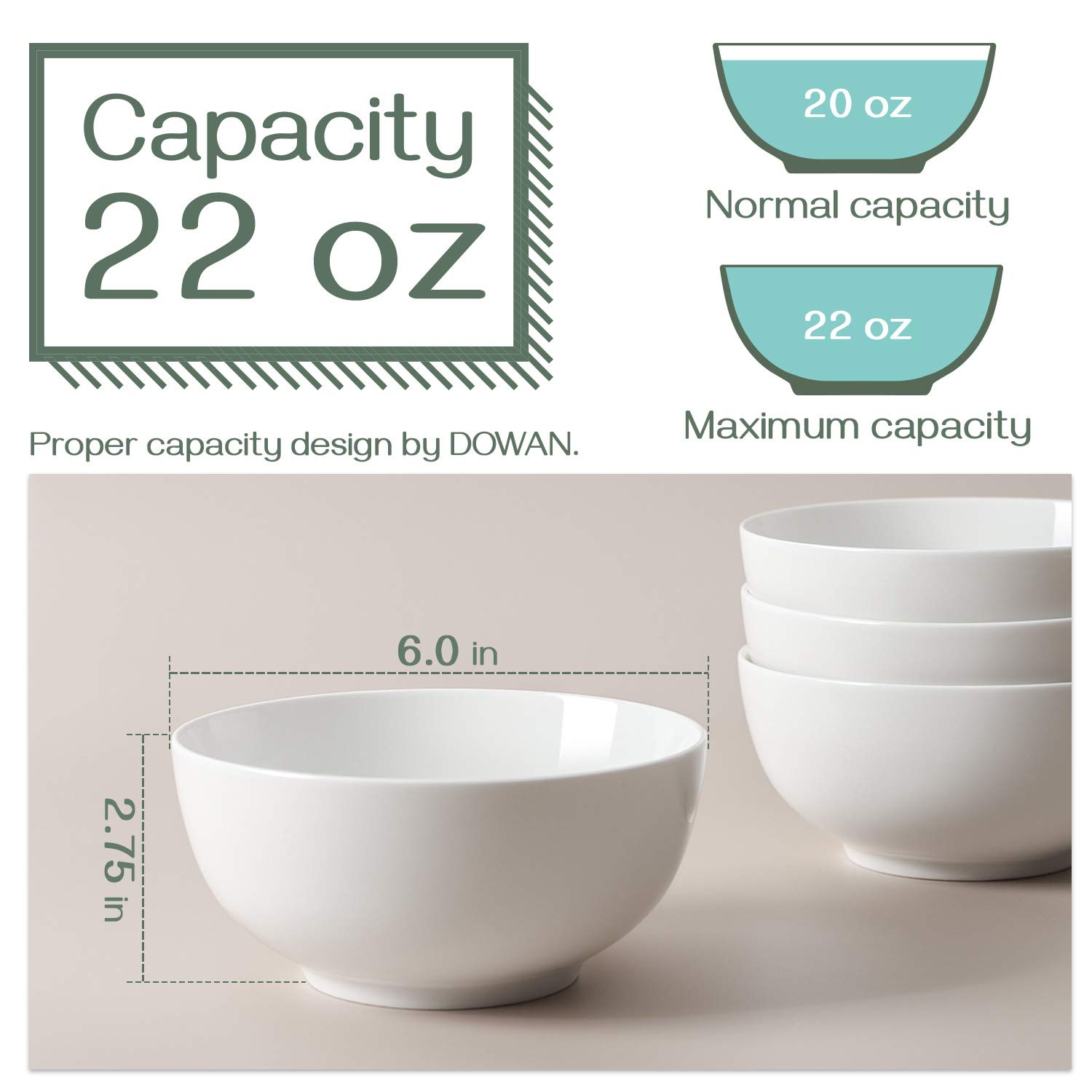 DOWAN Ceramic Soup Bowls, Cereal Bowl, 22 Ounce Bowls Set, Chip Resistant, Dishwasher & Microwave Safe, Porcelain Bowls for Kitchen, White Bowls for Cereal Soup Rice Pasta Salad Oatmeal, Set of 4