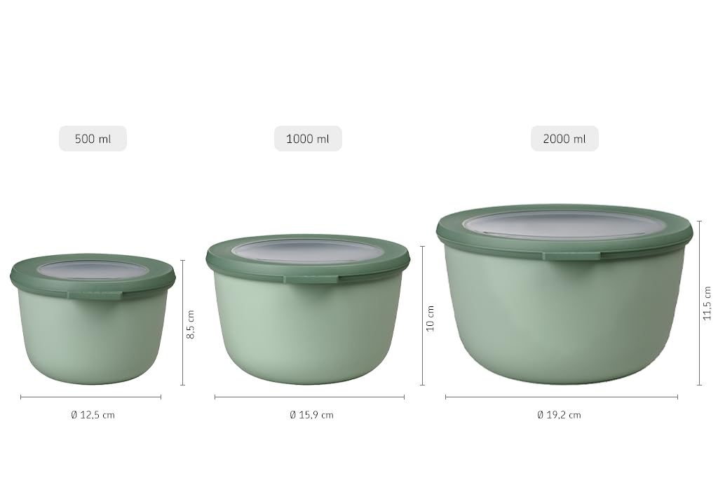 Mepal β Multi Bowl Cirqula 3-Piece Set β Food Storage Container with Lid - Suitable as Airtight Storage Box for Fridge & Freezer, Microwave Container & Servable Dish - 500, 1000, 2000ml - Nordic Sage