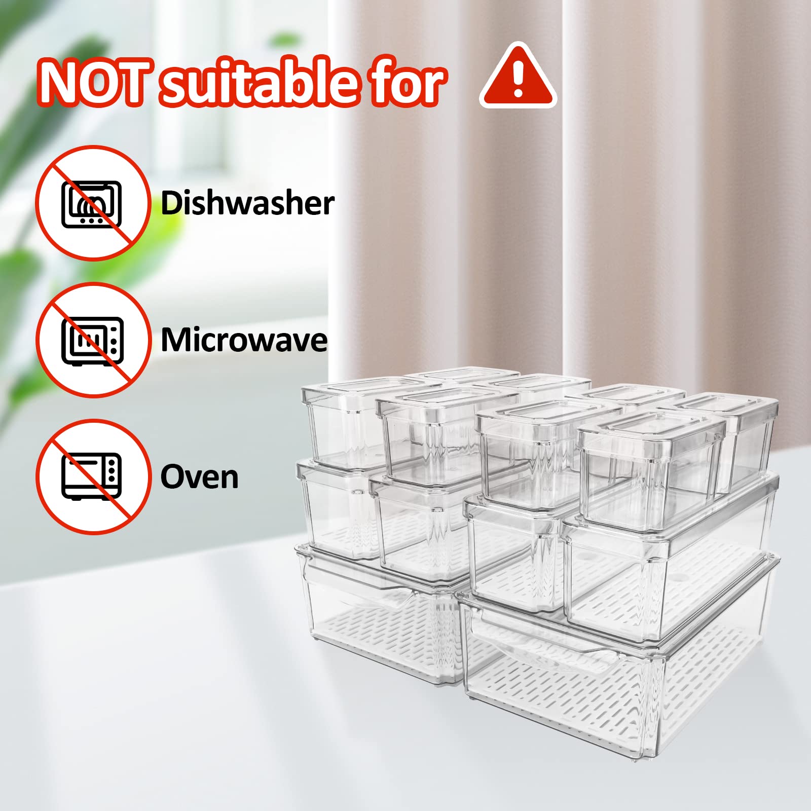 Jiazonsong 14 Pack Fridge Organizer, Stackable BPA-Free Refrigerator Organizer Bins with Lids, Fruit Storage Containers for Fruit Vegetable Food Drinks Cereals Clear