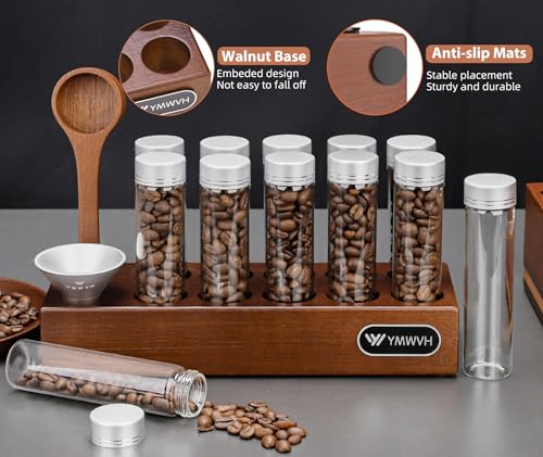 YMWVH Coffee Bean Storage Glass Tubes Single Dose, 12PCS Coffee Bean Cellar Container Vials With Lids (2 Oz) Wooden Display Stand And Funnel Coffee spoon