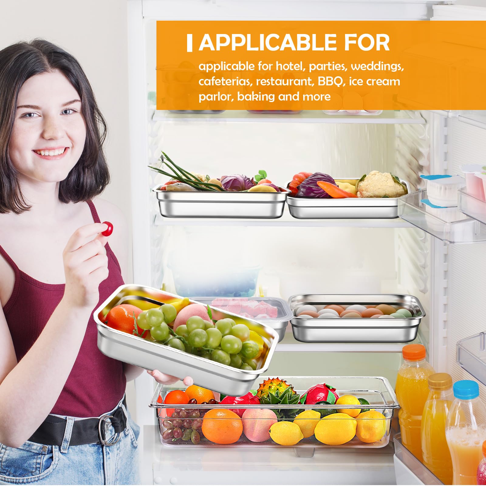 Suttmin 8 Pcs Stainless Steel Food Storage Containers with Lids Hotel Pans Chicken Food Grade Pans Metal Meal Food Containers for Restaurant Stackable Kitchen Freezer Buffet(2.6 Inch Deep)