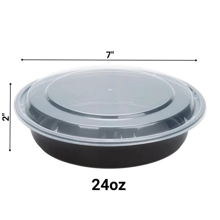 VeZee 24oz Disposable Black Meal Prep/Bento Box with Clear Dome Lids - Round Plastic Meal Containers - Leak Proof and Reusable Box : Perfect For Salad, Meal Prep and Fruits : Set of 50