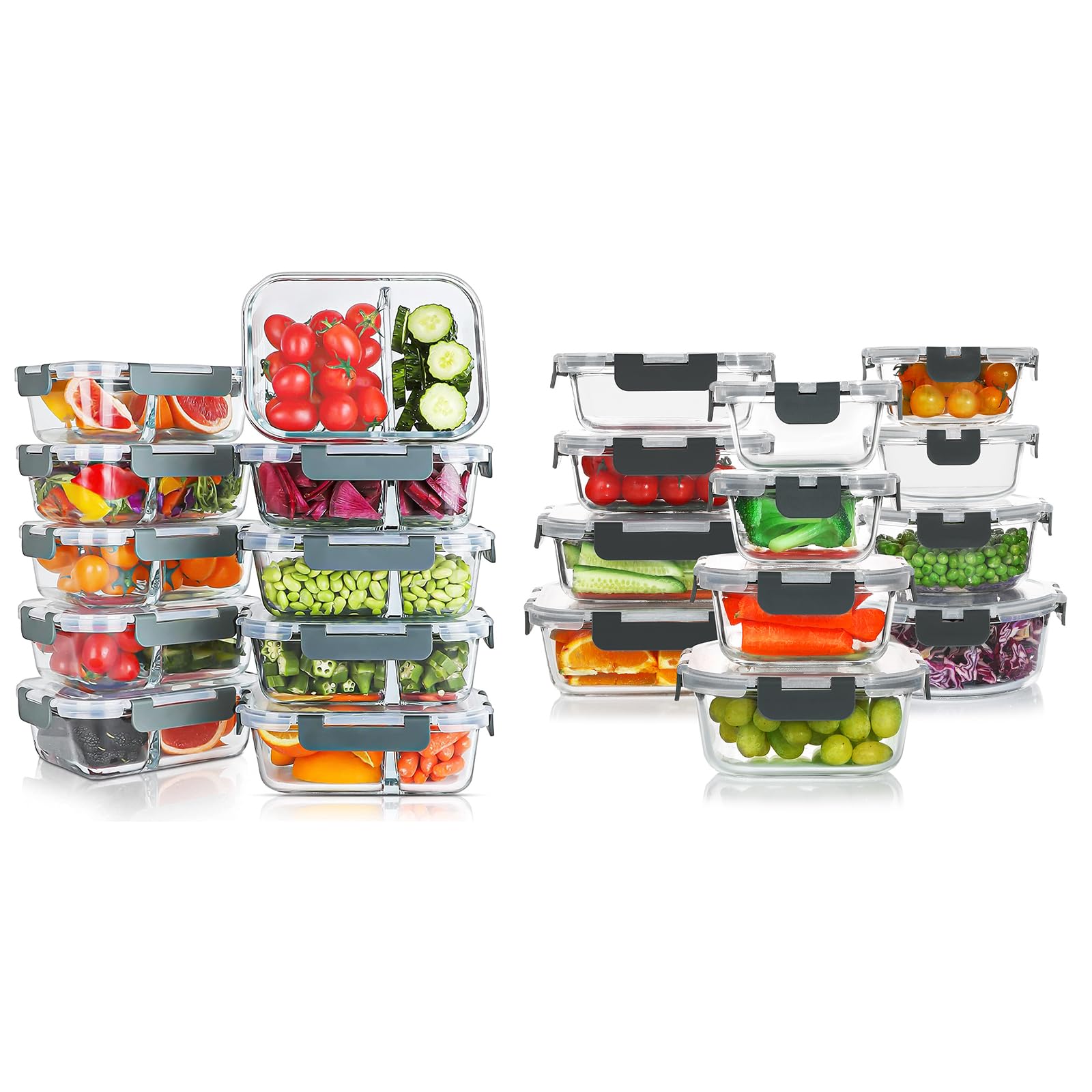 KOMUEE 10 Packs 30 oz Glass Meal Prep Containers 2 Compartment and 24 Pieces Glass Food Storage Containers with Lids, BPA Free and Airtight