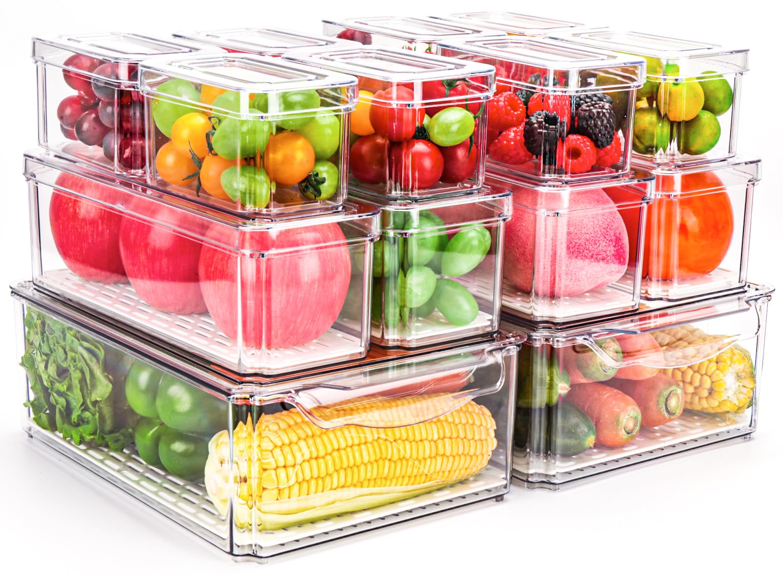 Jiazonsong 14 Pack Fridge Organizer, Stackable BPA-Free Refrigerator Organizer Bins with Lids, Fruit Storage Containers for Fruit Vegetable Food Drinks Cereals Clear