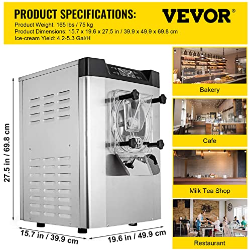 VEVOR Commercial Ice Cream Machine 1400W 20/5.3 Gph Hard Serve Ice Cream Maker with LED Display Screen Auto Shut-Off Timer One Flavors Perfect for Restaurants Snack bar Supermarkets