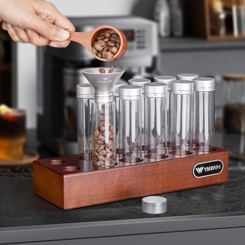 YMWVH Coffee Bean Storage Glass Tubes Single Dose, 12PCS Coffee Bean Cellar Container Vials With Lids (2 Oz) Wooden Display Stand And Funnel Coffee spoon