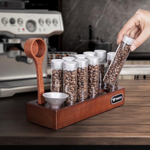 YMWVH Coffee Bean Storage Glass Tubes Single Dose, 12PCS Coffee Bean Cellar Container Vials With Lids (2 Oz) Wooden Display Stand And Funnel Coffee spoon