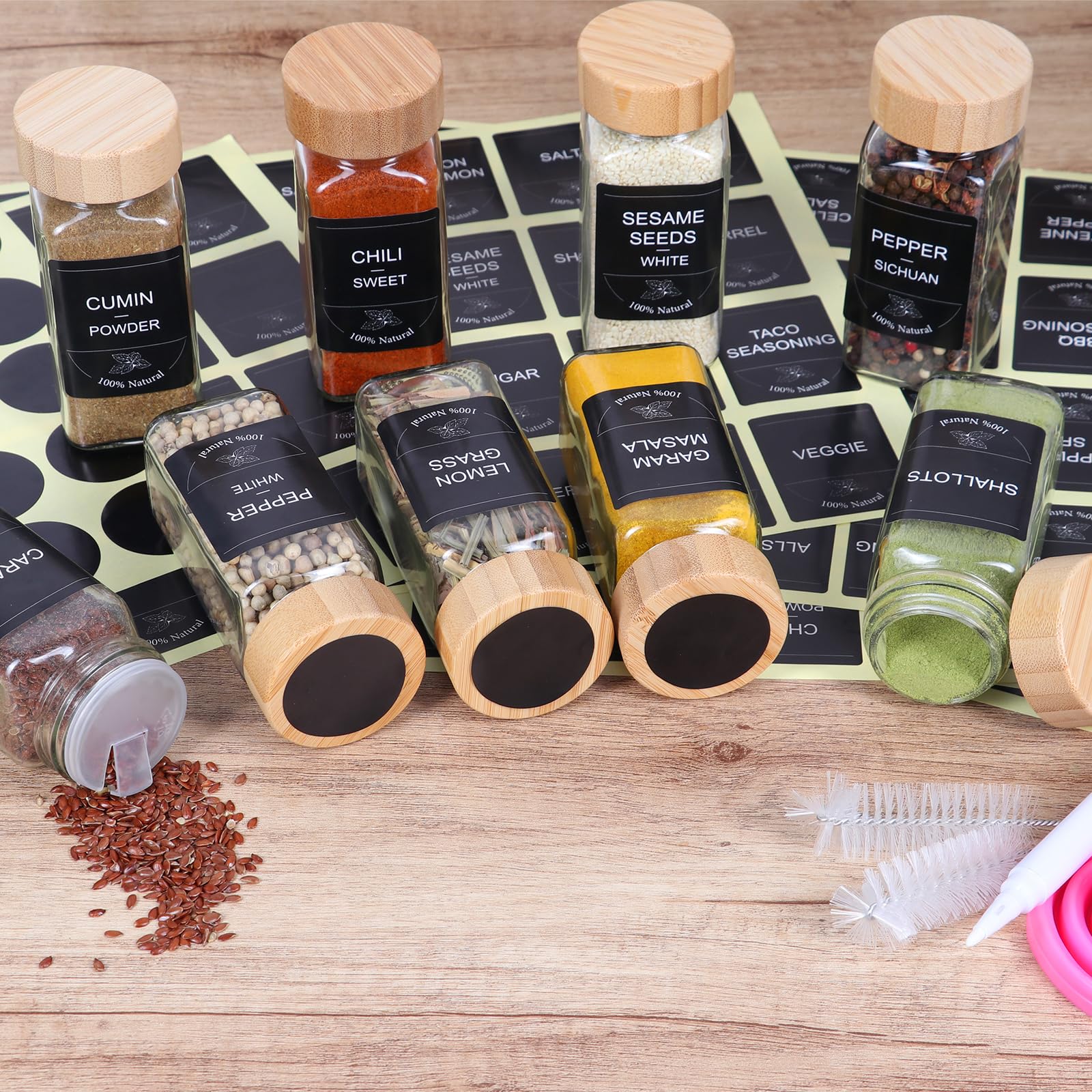 36pcs 4oz Spice Jars with Bamboo Lids, Glass Spice Jars with Labels, Empty Spice Containers Square Spice Bottles with Shaker Lids, Funnel, Chalk Pen and Brush