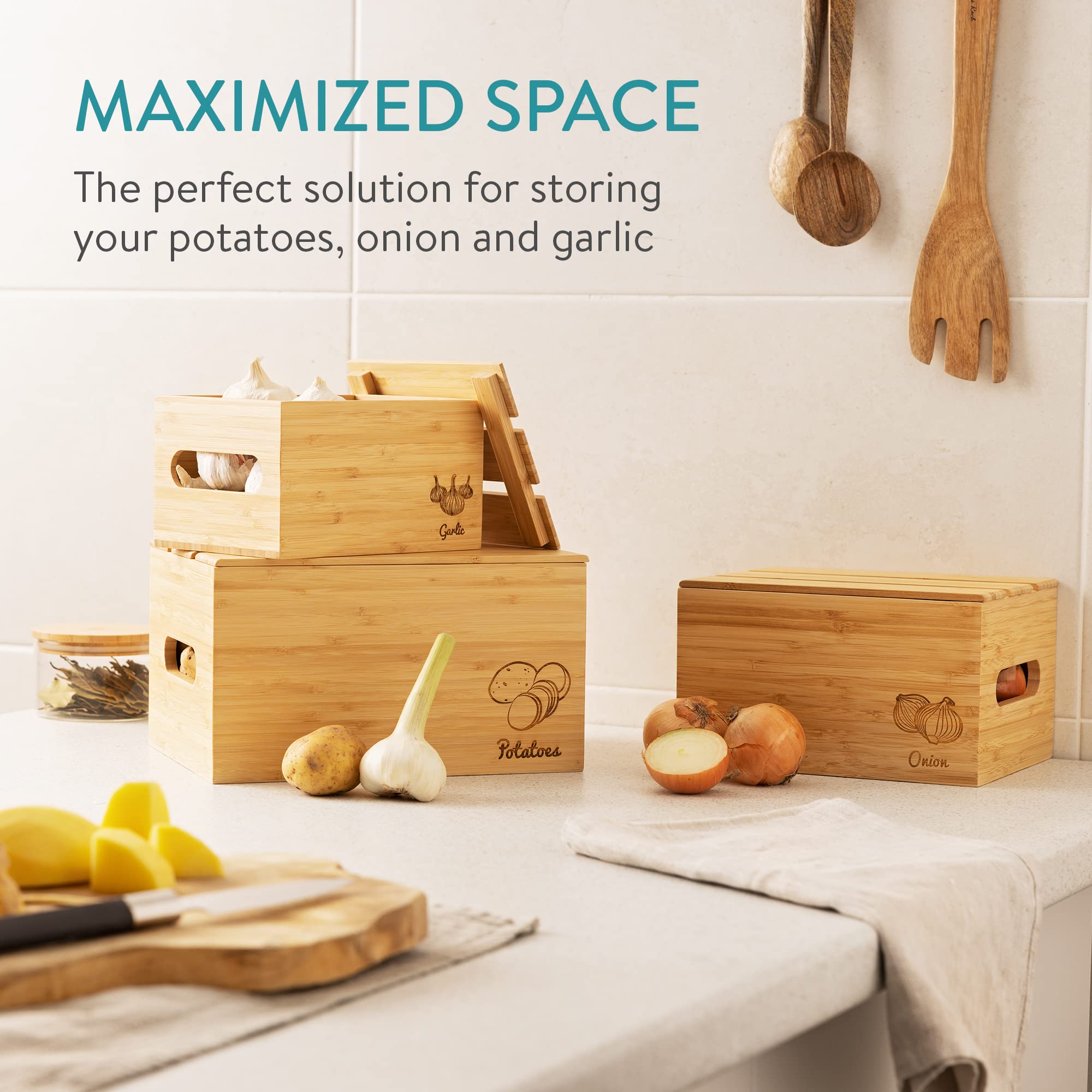 Navaris Bamboo Stackable Potato Onion & Garlic Storage, Set of 3 - Vegetable Storage Crates for The Home and Kitchen - Storage Boxes for Vegetables