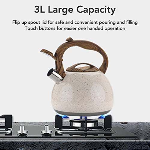 YEmirth 3L Whistling Tea Kettle, Tea Pots for Stove Top Food Grade Stainless Steel with Wood Pattern Folding Handle, Loud Whistle Kettle for Tea, Coffee