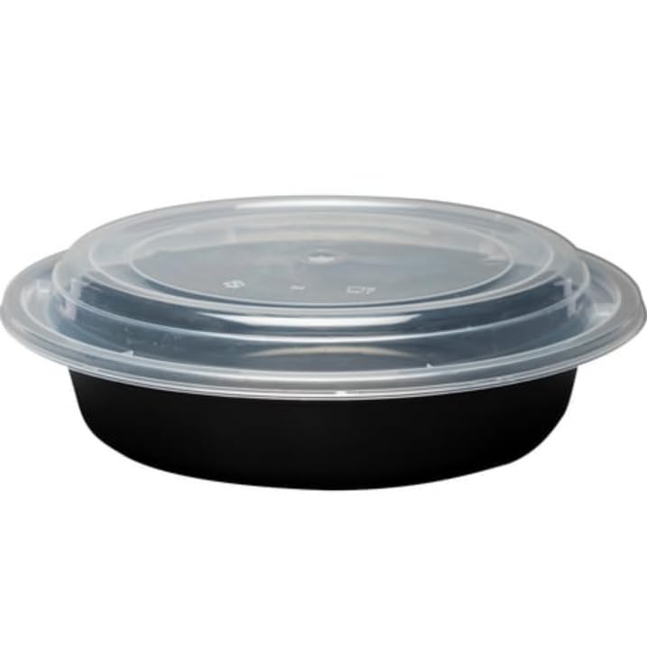 VeZee 24oz Disposable Black Meal Prep/Bento Box with Clear Dome Lids - Round Plastic Meal Containers - Leak Proof and Reusable Box : Perfect For Salad, Meal Prep and Fruits : Set of 50