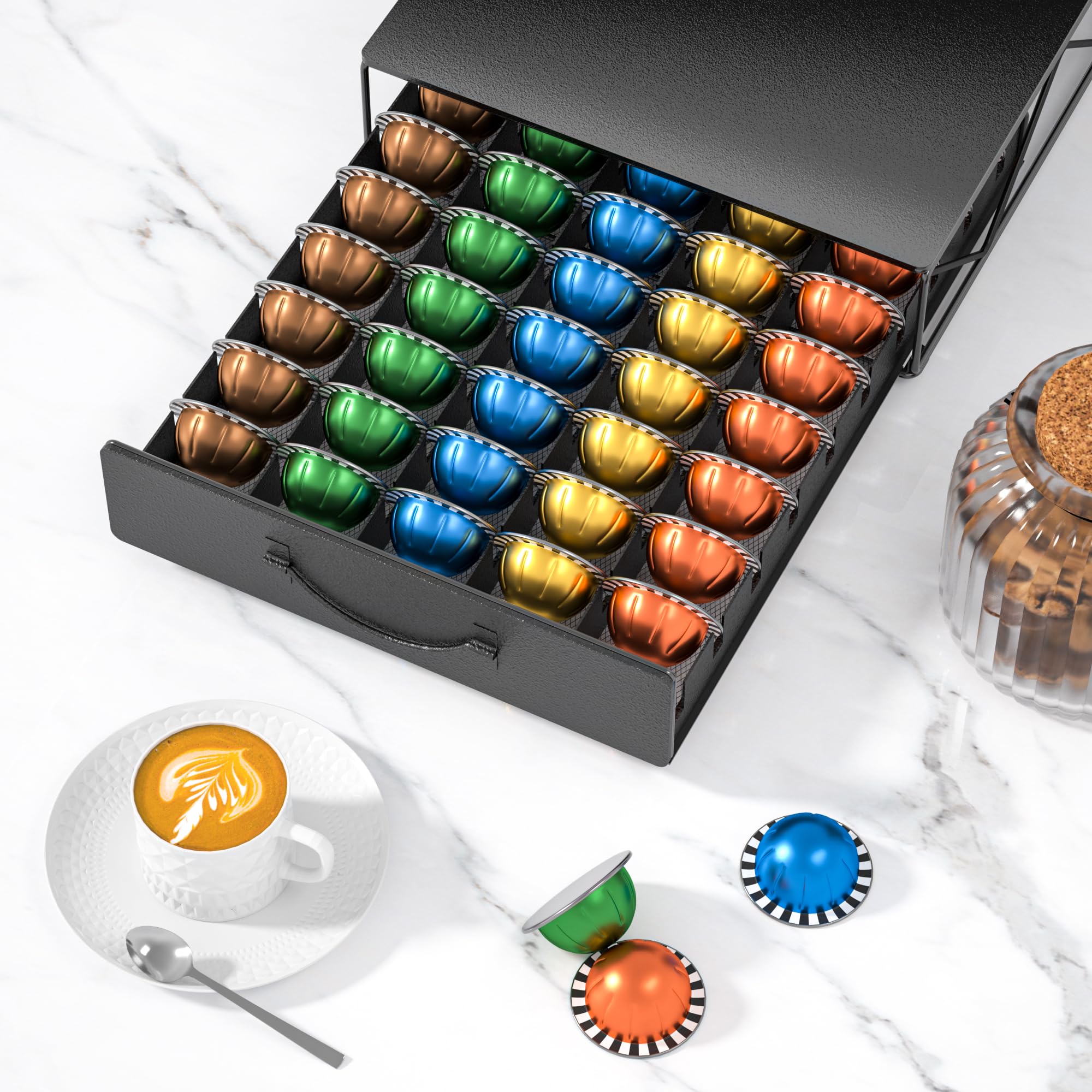 HFHOME Coffee Pod Holder Compatible with 50 VertuoLine, Coffee Capsules Drawer for 40 K Cup, Metal Pod Storage Drawer Organizer for Vertuo Capsules for Home Office Counter