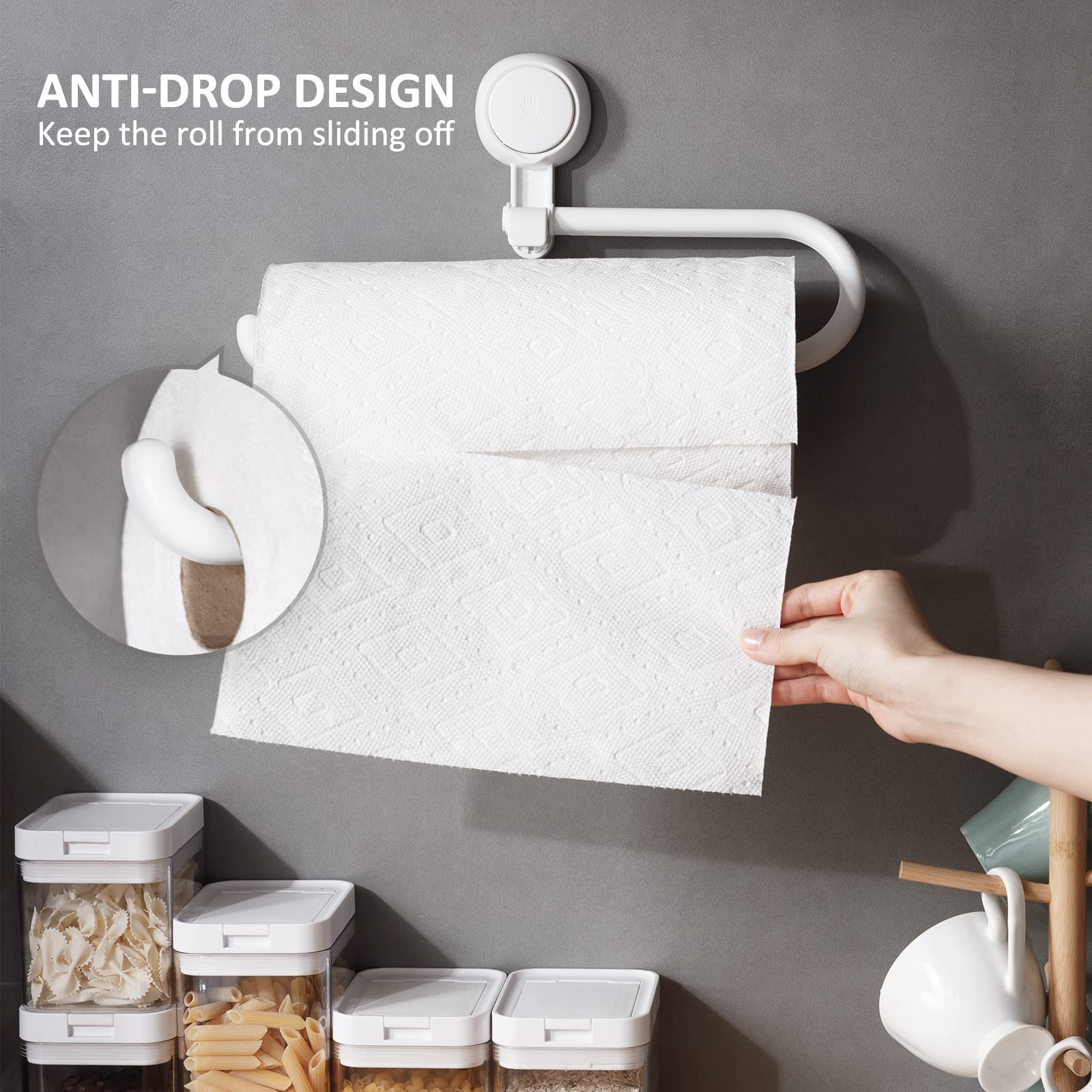 Suction Cup Paper Towel Holder Under Cabinet, Wall Mount for Kithcen Paper Roll, No Drilling Towels Bulks, Removable & Reusable Towel Rack Multi-Used Plastic Paper Towel Holder