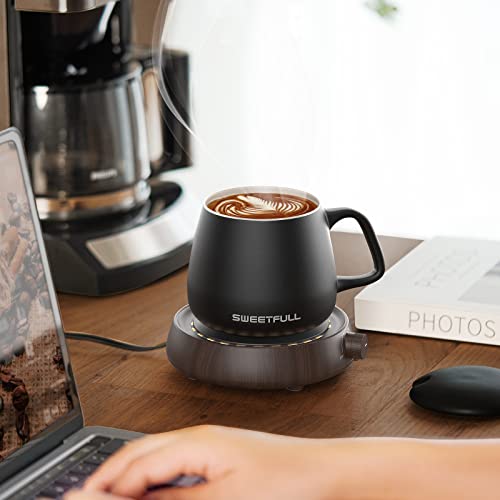 SWEETFULL Mug Warmer for Coffee and Tea Coffee Mug Warmer W/12 oz Mug and Lid Coffee Warmer As Coffee Gifts for Desk Office Coffee Lovers. (20W Cup Warmer Candle Warmer Auto Shut Off) (Wood Grain)