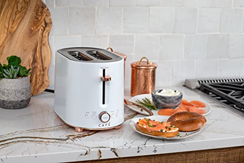 Café Express Finish 2-Slice Toaster | Extra-Wide Slots, Extra Lift for Waffles, Pastries, Texas Toast & More | 4 Pre-Set Functions, 8 Shade Options | Countertop Kitchen Essentials | Matte White