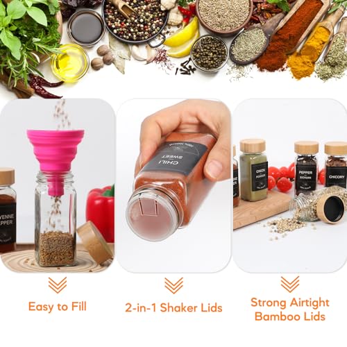 SZUAH 24pcs 4oz Spice Jars with Bamboo Lids, Spice Jars with Labels, Glass Spice Container with Shaker Lids, Funnel, Chalk Pen and Brush