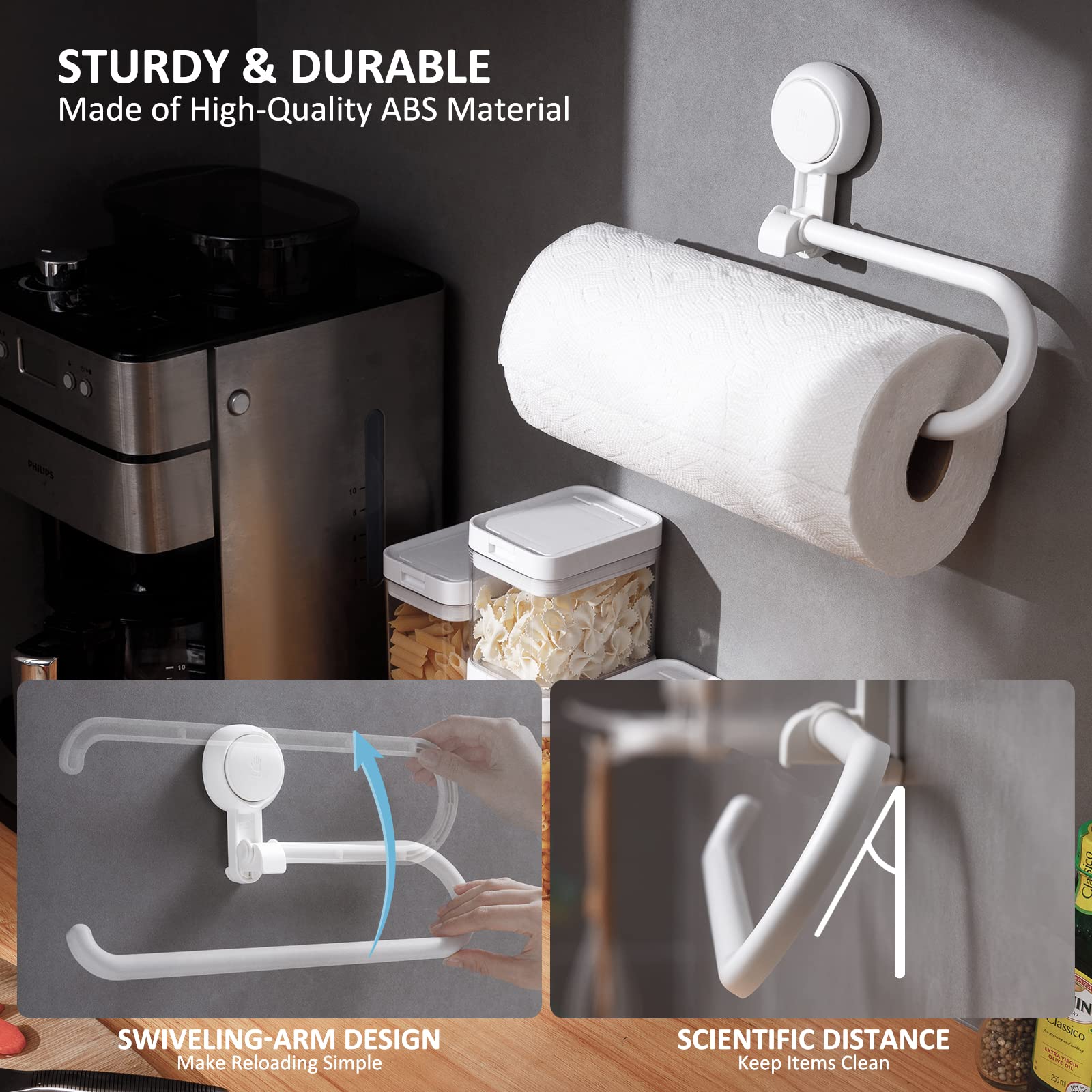 Suction Cup Paper Towel Holder Under Cabinet, Wall Mount for Kithcen Paper Roll, No Drilling Towels Bulks, Removable & Reusable Towel Rack Multi-Used Plastic Paper Towel Holder