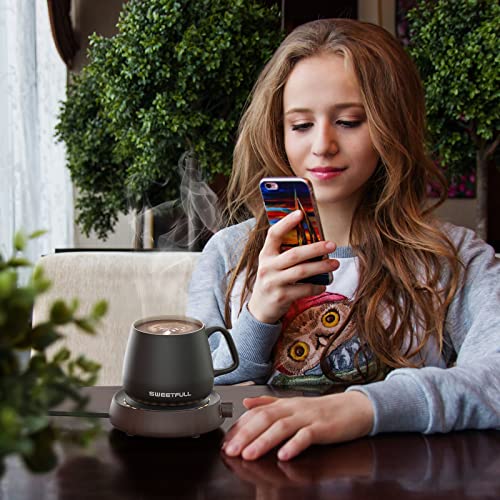 SWEETFULL Mug Warmer for Coffee and Tea Coffee Mug Warmer W/12 oz Mug and Lid Coffee Warmer As Coffee Gifts for Desk Office Coffee Lovers. (20W Cup Warmer Candle Warmer Auto Shut Off) (Wood Grain)