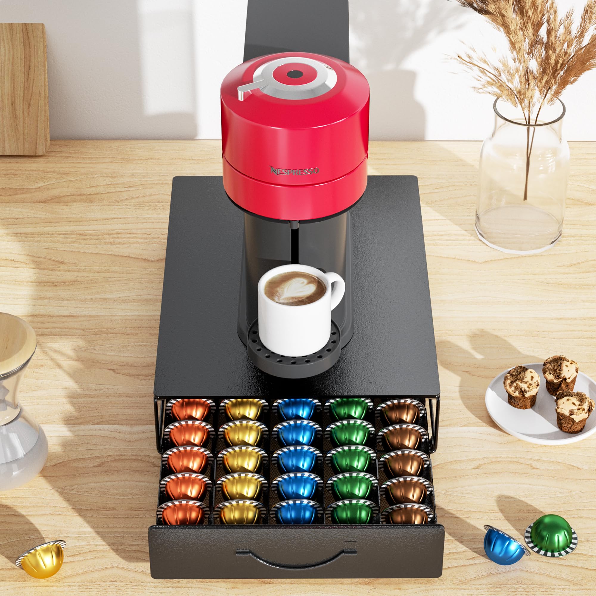 HFHOME Coffee Pod Holder Compatible with 50 VertuoLine, Coffee Capsules Drawer for 40 K Cup, Metal Pod Storage Drawer Organizer for Vertuo Capsules for Home Office Counter