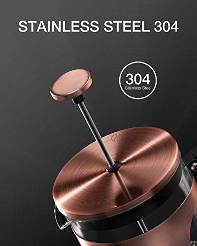 BAYKA French Press Coffee Tea Maker, 304 Stainless Steel Coffee Press, Heat Resistant Thickened Borosilicate Glass, 21 Ounce, Copper