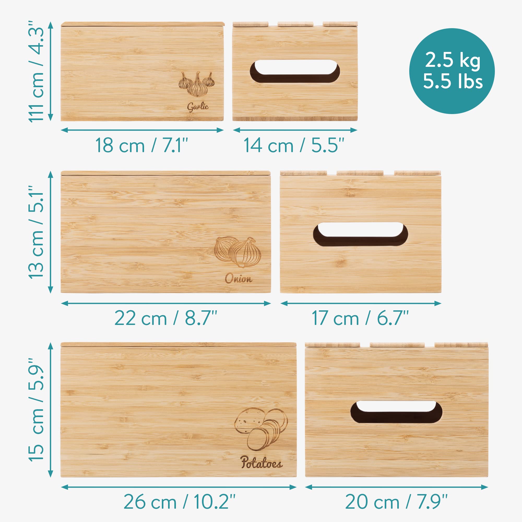 Navaris Bamboo Stackable Potato Onion & Garlic Storage, Set of 3 - Vegetable Storage Crates for The Home and Kitchen - Storage Boxes for Vegetables