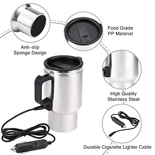 12V 450ml Electric Car Cup Travel Heating Cup,Stainless Steel Electric Insulated Plug Kettles Boiling Car Coffee Mug Heater with Cigarette Lighter,