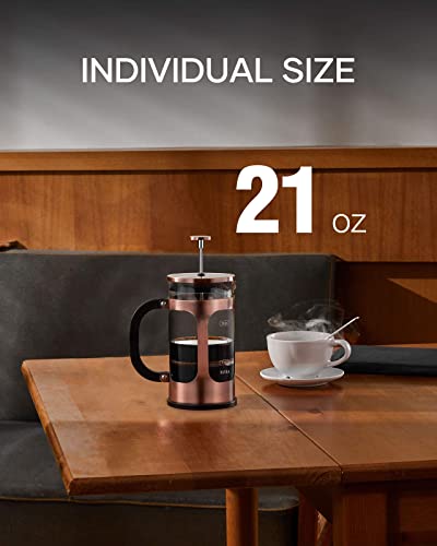 BAYKA French Press Coffee Tea Maker, 304 Stainless Steel Coffee Press, Heat Resistant Thickened Borosilicate Glass, 21 Ounce, Copper