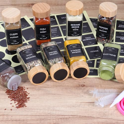 SZUAH 24pcs 4oz Spice Jars with Bamboo Lids, Spice Jars with Labels, Glass Spice Container with Shaker Lids, Funnel, Chalk Pen and Brush