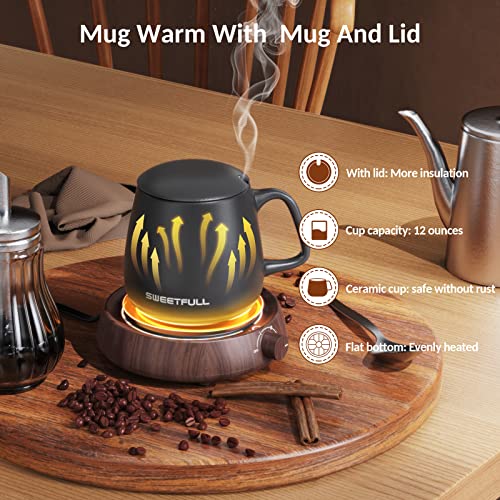 SWEETFULL Mug Warmer for Coffee and Tea Coffee Mug Warmer W/12 oz Mug and Lid Coffee Warmer As Coffee Gifts for Desk Office Coffee Lovers. (20W Cup Warmer Candle Warmer Auto Shut Off) (Wood Grain)