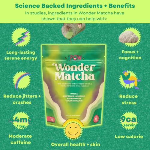 Pow Wonder Matcha | Organic Ceremonial Matcha w/Adaptogens, Mushrooms, Lion's Mane Mushroom and Ashwagandha | Lightly Sweetened (14 Servings)