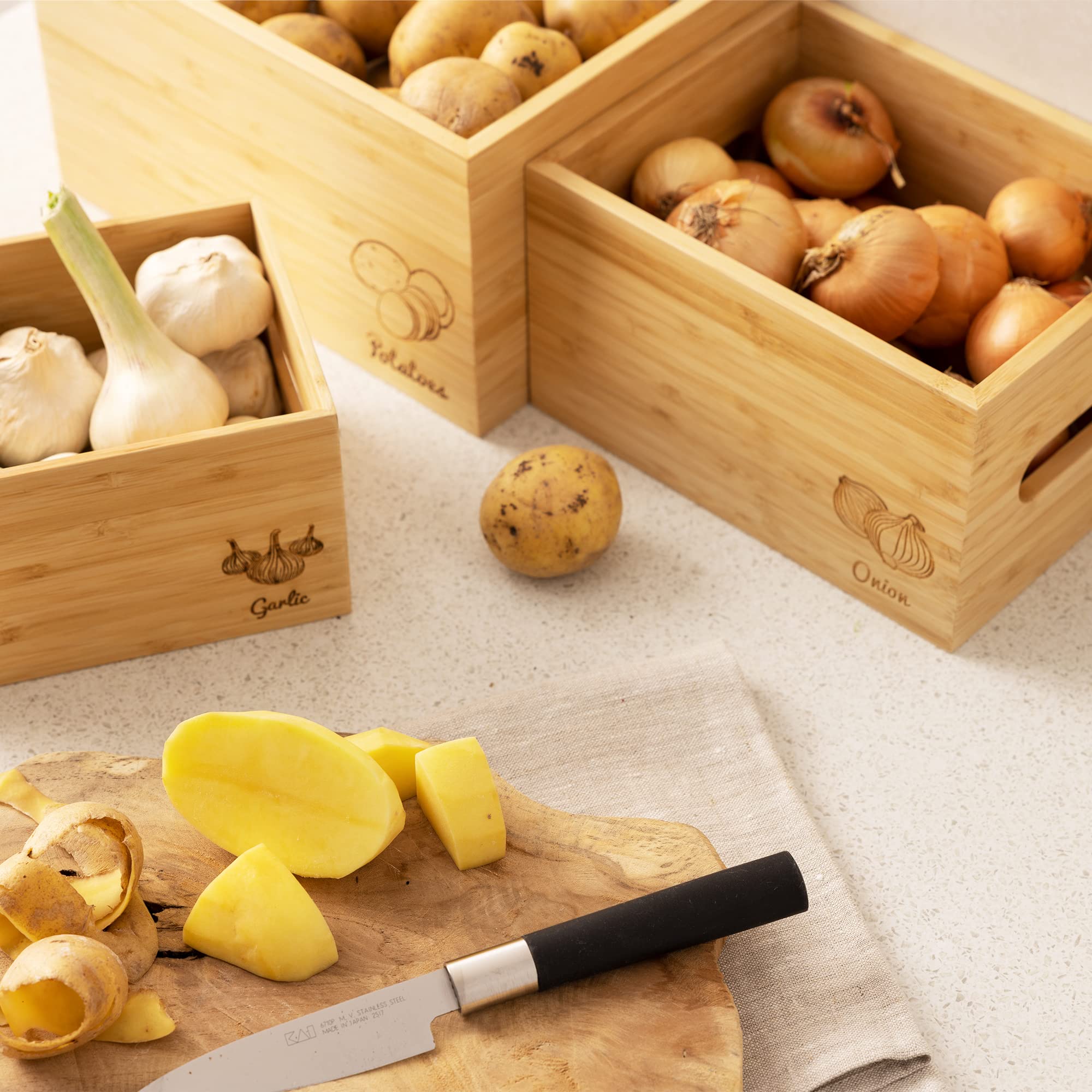 Navaris Bamboo Stackable Potato Onion & Garlic Storage, Set of 3 - Vegetable Storage Crates for The Home and Kitchen - Storage Boxes for Vegetables