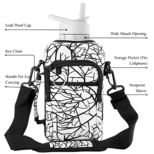 Thermosis 64 Oz insulated water bottle Stainless Steel Water Bottle with Straw & Holder Strap - Includes 2 Lids water bottles - Leak Proof water bottle for Men & Women - White Marble