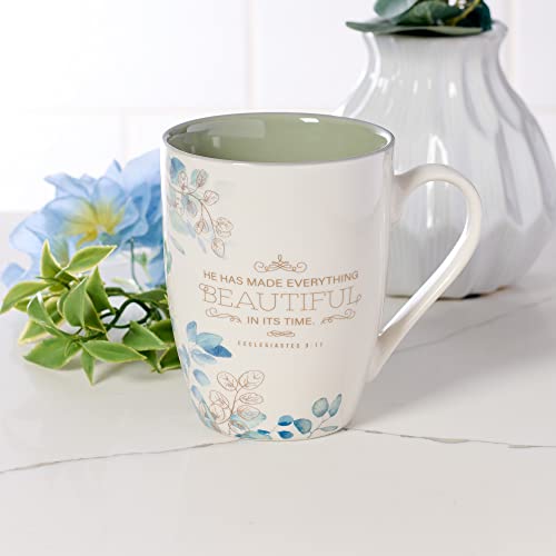 Christian Art Gifts Ceramic Encouraging Coffee and Tea Mug for Women: Made Everything Beautiful - Ecclesiastes 3:11 Inspiration Bible Verse for Hot and Cold Beverages, White and Sage Green, 12 oz.
