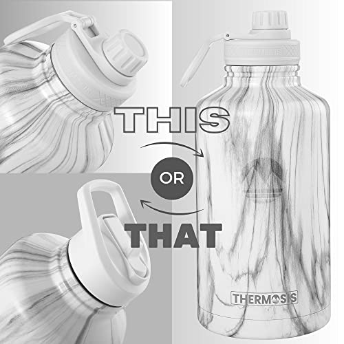 Thermosis 64 Oz insulated water bottle Stainless Steel Water Bottle with Straw & Holder Strap - Includes 2 Lids water bottles - Leak Proof water bottle for Men & Women - White Marble
