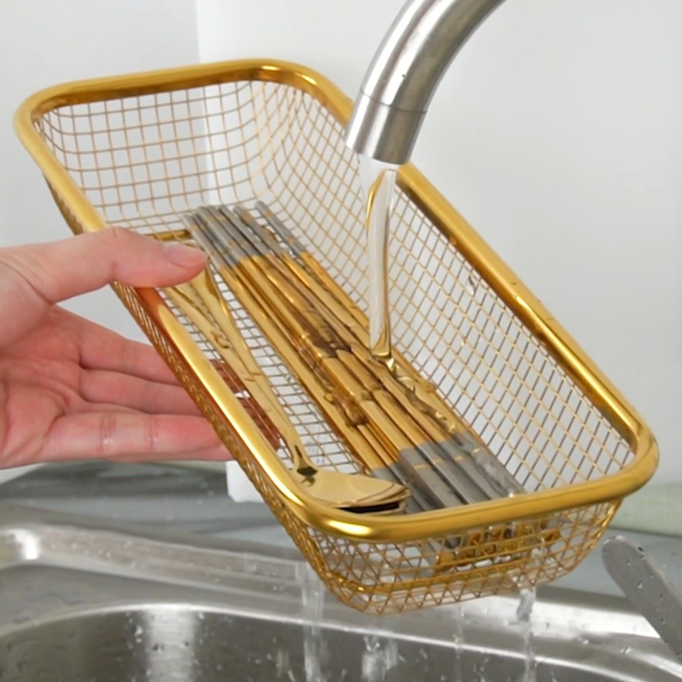 BYEGOU Gold Kitchen Drawer Organizer, Stackable Mesh Storage Baskets, Stainless Steel Silverware Organizer for Holding Knife Fork Spoon, 12.5"x5"x2.5", Pack of 2