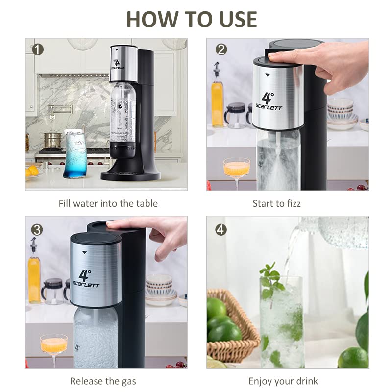 4° Sparkling Water Maker, Carbonated Water Machine and Soda Maker Machine for Home or Office, with 1.0L BPA-free Sparkling Water Bottle, Compatible with Any Screw-in 60L CO2 Carbonator(NOT Included)(Matte Black)