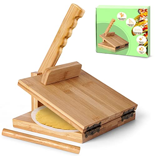 Tortilla Press 10 Inch Roti Maker Large Bamboo Wood Tortilla Press with Rolling Pin &100 Pcs Parchment Paper Quesadilla Maker for Homemade Tortilla, Roti.