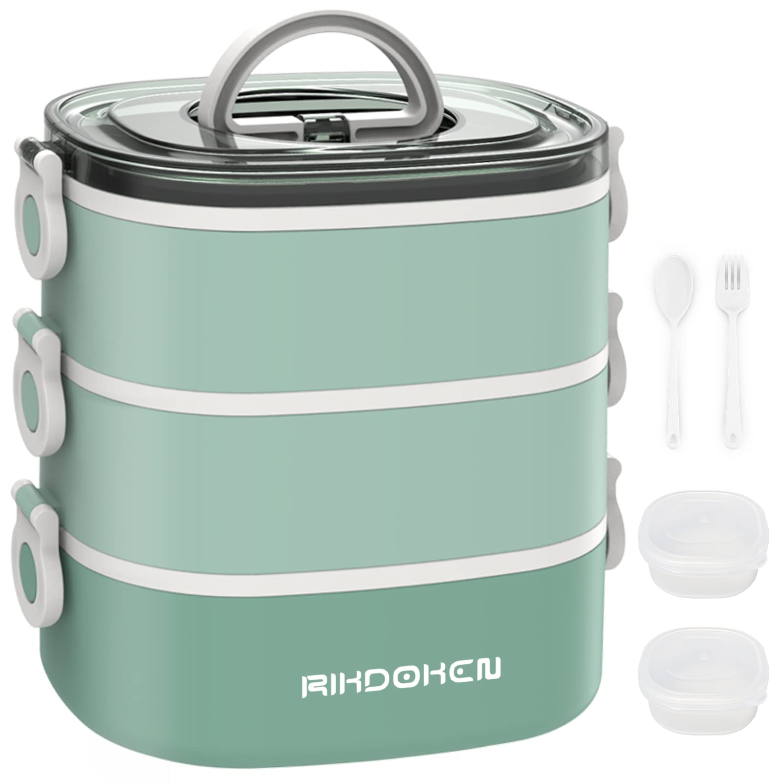 RIKDOKEN Bento Box Lunch Box, Stackable 3 Layers Containers, Portable 94OZ Large Capacity Leakproof Bento Box with Spoon & Fork & Sauce Boxes, Microwave Safe Lunch Box for Kids and Adults