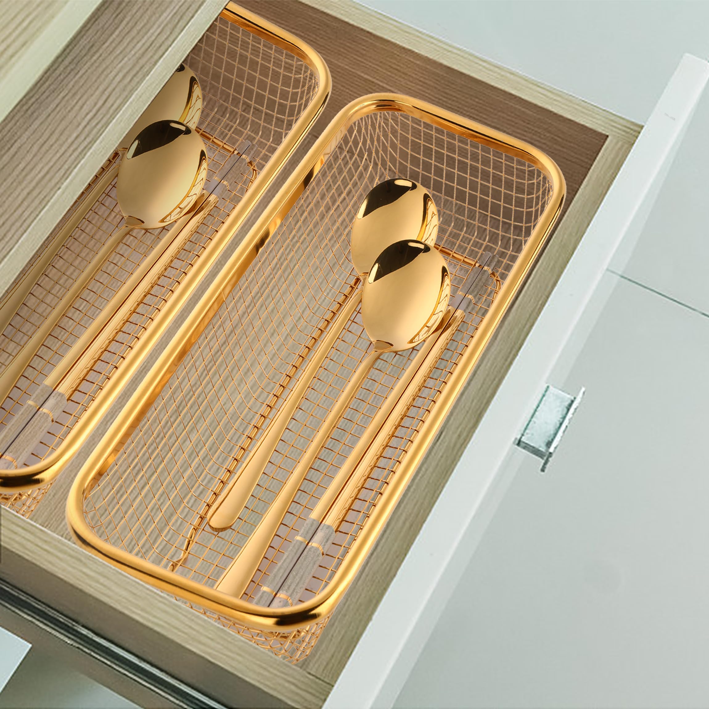 BYEGOU Gold Kitchen Drawer Organizer, Stackable Mesh Storage Baskets, Stainless Steel Silverware Organizer for Holding Knife Fork Spoon, 12.5"x5"x2.5", Pack of 2