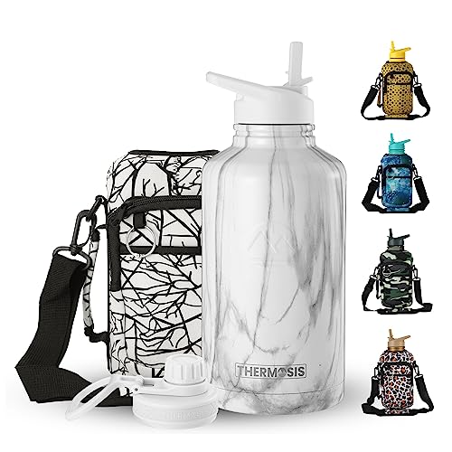 Thermosis 64 Oz insulated water bottle Stainless Steel Water Bottle with Straw & Holder Strap - Includes 2 Lids water bottles - Leak Proof water bottle for Men & Women - White Marble
