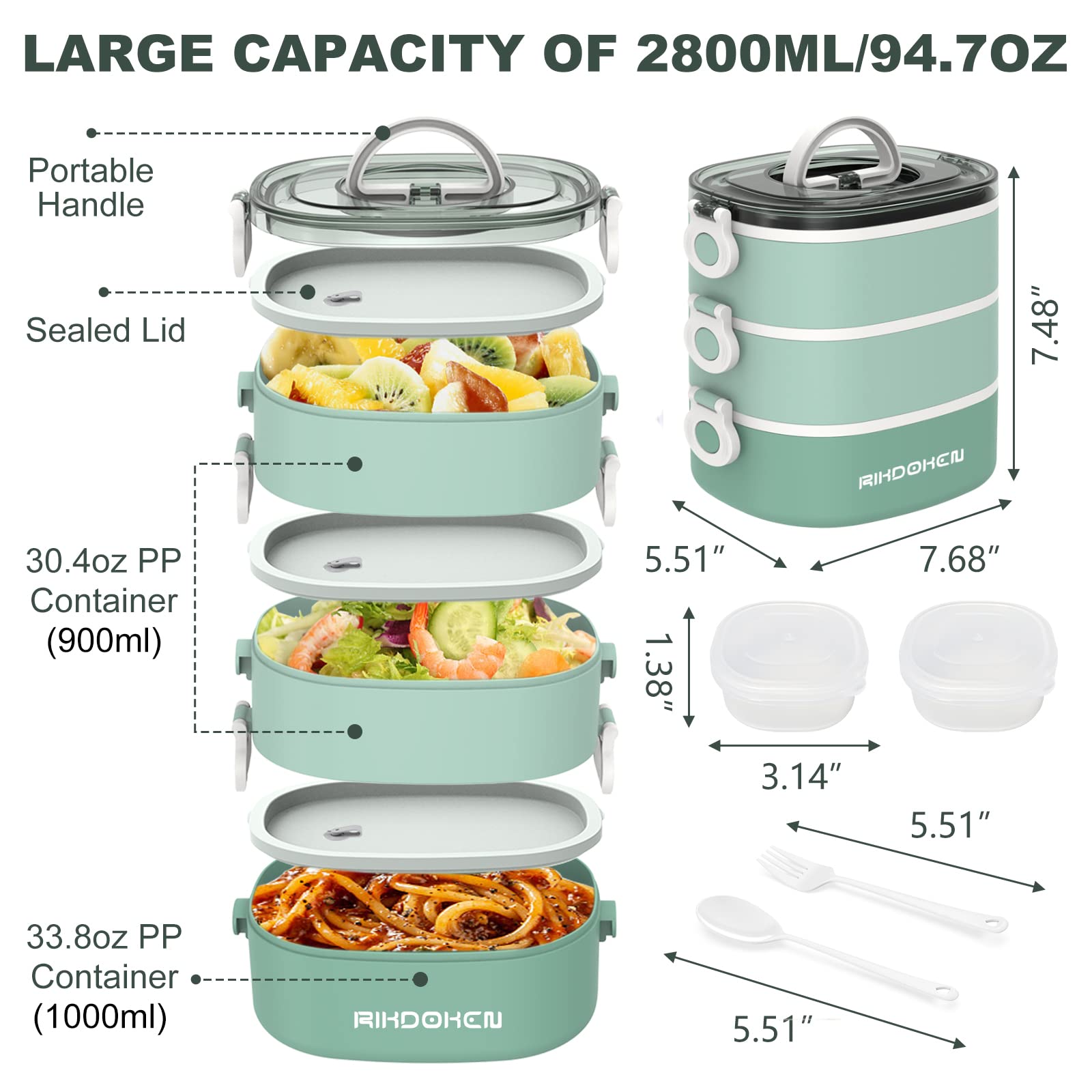 RIKDOKEN Bento Box Lunch Box, Stackable 3 Layers Containers, Portable 94OZ Large Capacity Leakproof Bento Box with Spoon & Fork & Sauce Boxes, Microwave Safe Lunch Box for Kids and Adults