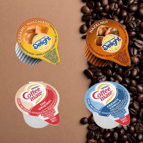 96 Count Single Serve Coffee Cream Creamer, 4 Flavor Varieties, Coffee Mate and International Delight Creamers Mixed Set, French Vanilla, Original, Hazelnut, and caramel macchiato (24 Piece/Flavor)