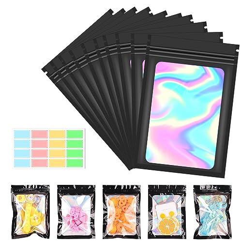 120 Resealable Mylar Bags, Smell Proof Bag for Food Storage, Holographic Packaging Pouch Bags with Front Window for Sample Snack Cookies Jewelry (4 x 6 Inch, Black)