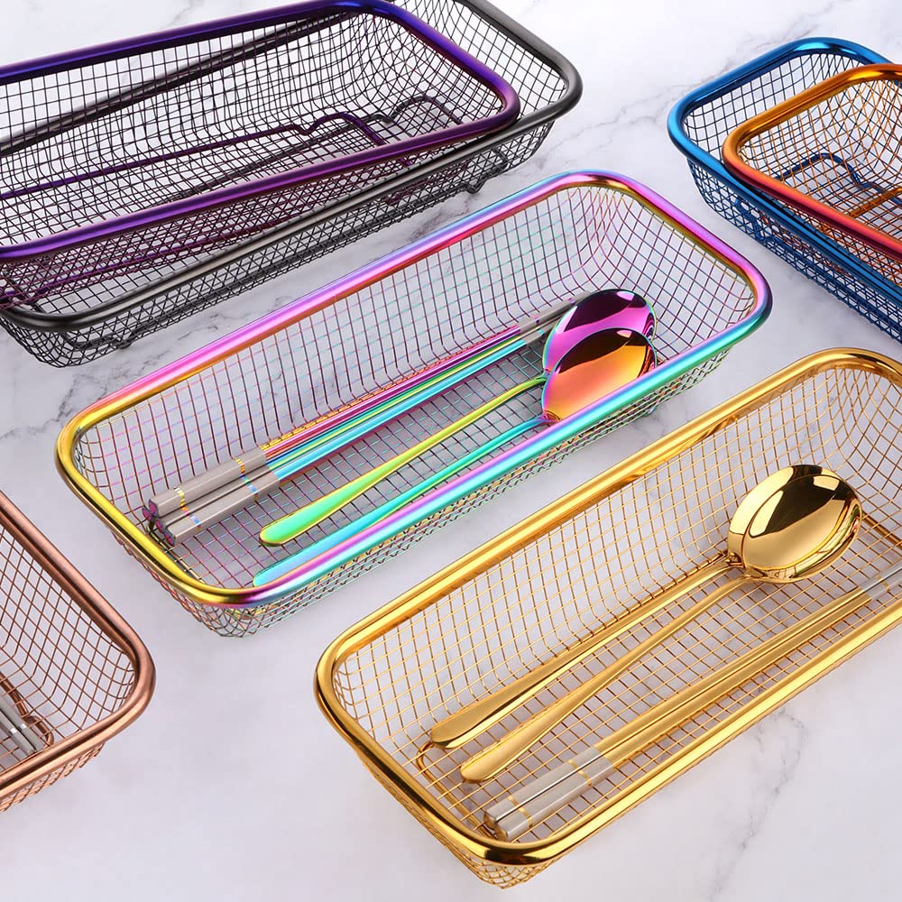 BYEGOU Gold Kitchen Drawer Organizer, Stackable Mesh Storage Baskets, Stainless Steel Silverware Organizer for Holding Knife Fork Spoon, 12.5"x5"x2.5", Pack of 2