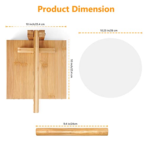 Tortilla Press 10 Inch Roti Maker Large Bamboo Wood Tortilla Press with Rolling Pin &100 Pcs Parchment Paper Quesadilla Maker for Homemade Tortilla, Roti.