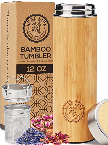 LeafLife Sustainable Bamboo Tumbler with Tea Infuser & Strainer 12oz - Keeps Liquid Hot & Cold for 12 Hrs - Vacuum Insulated Stainless Steel Travel Mug - Infuser Bottle for Loose Leaf Tea & Coffee