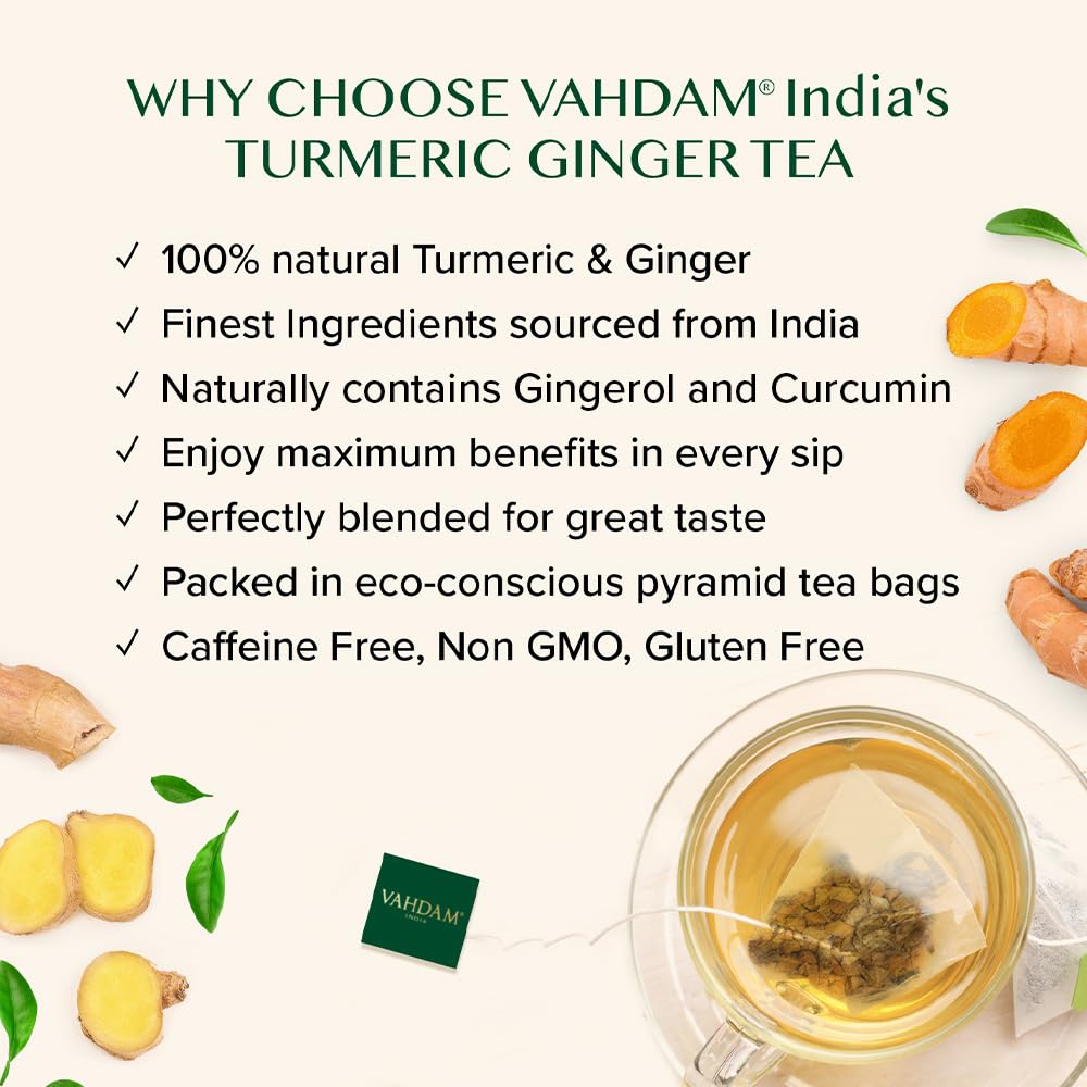 VAHDAM, Organic Turmeric Ginger Herbal Tea (100 Pyramid Tea Bags) Caffeine Free, Superfood w/USDA Organic Turmeric & Ginger | Herbal Tea Bags, Packed in Resealable Ziplock Pouch