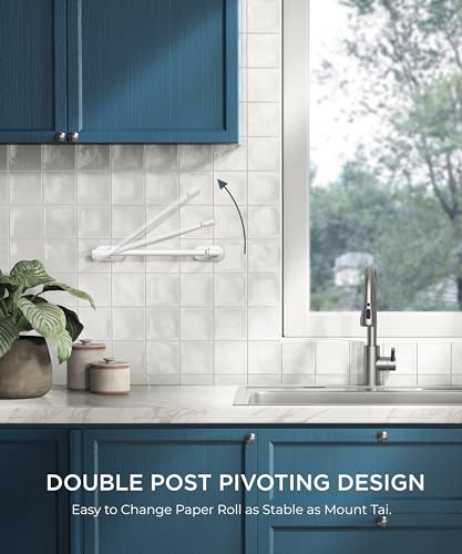FORIOUS Paper Towel Holder Wall Mount, SUS 304 Stainless Steel Self Adhesive Pivoting Kitchen Commercial Paper Towel Holder Dispenser Under Cabinet no Drilling, White